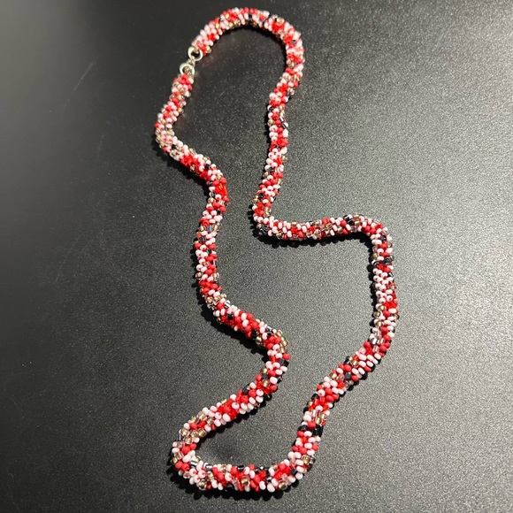 Jewelry | Red White Glass Seed Bead Woven Cord Necklace Red Rope W ...